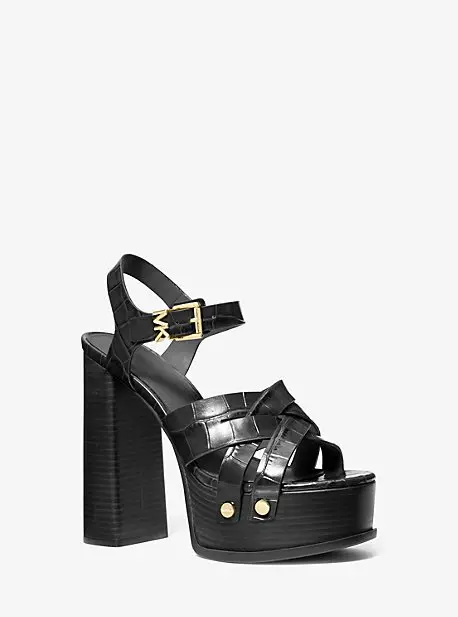 Michael Kors Nora Crocodile Embossed Leather Platform Sandal - Black