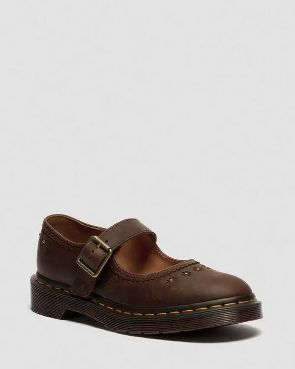 Dr. Martens Mary Jane Flower Crazy Horse Leather Shoes - Brown
