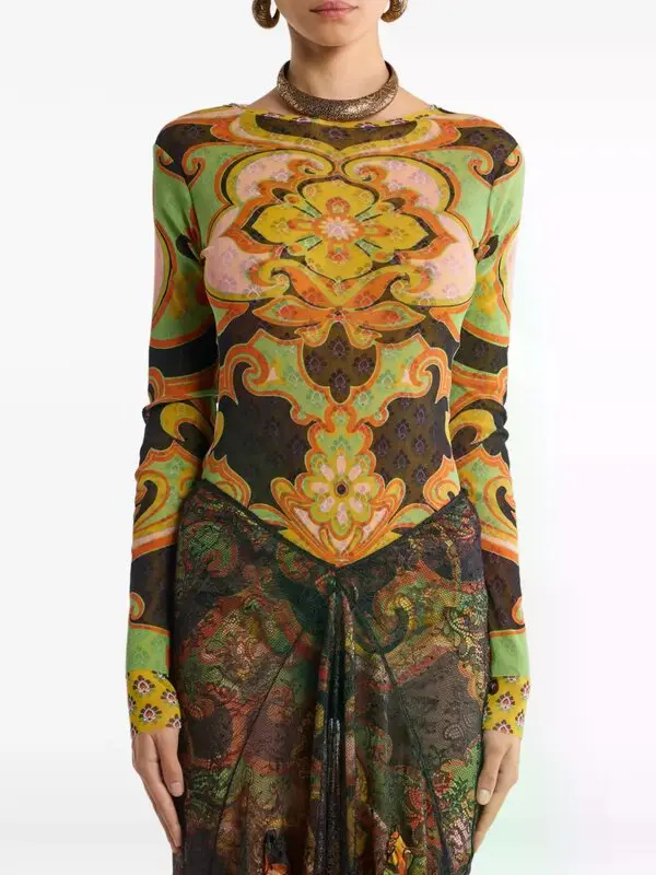 Etro Stretch Tulle Long Sleeve Top With Floral Print - Green