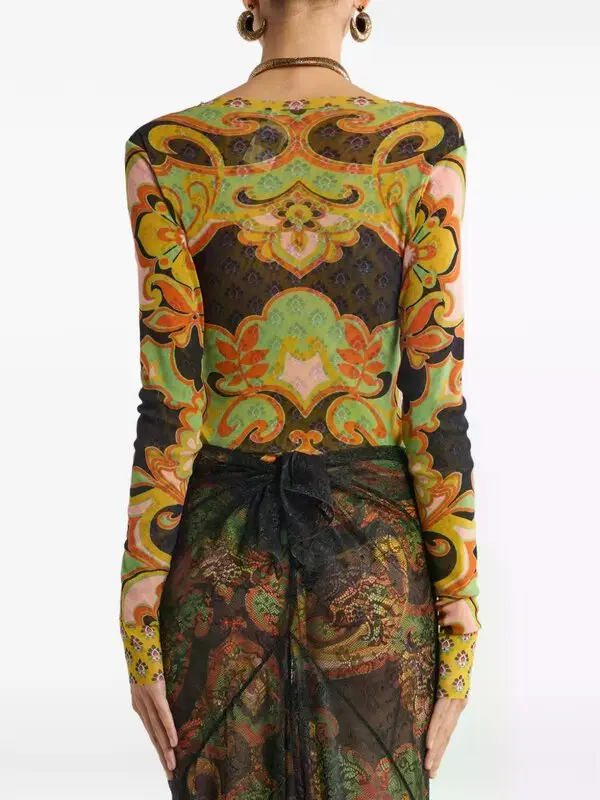 Etro Stretch Tulle Long Sleeve Top With Floral Print - Green