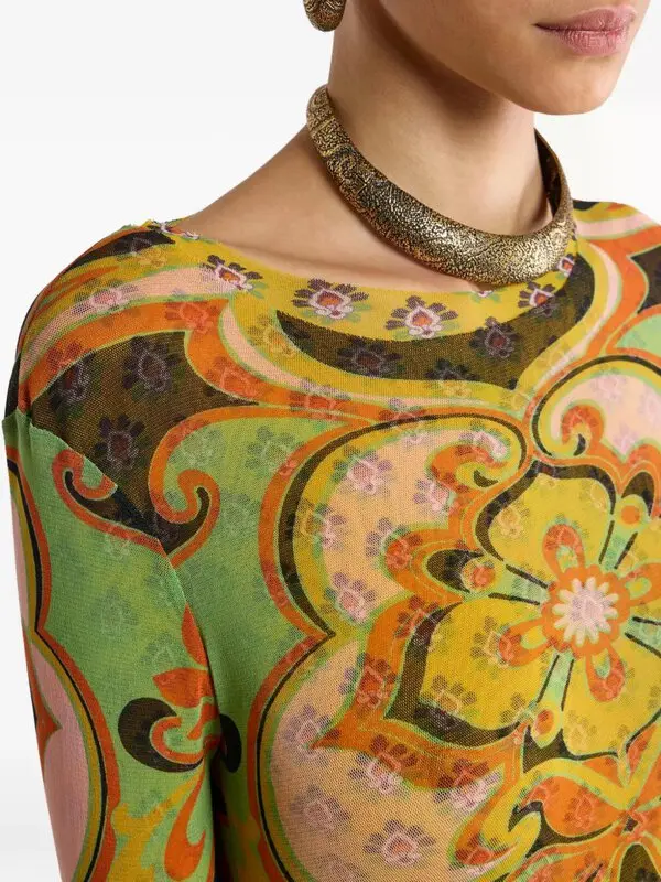 Etro Stretch Tulle Long Sleeve Top With Floral Print - Green