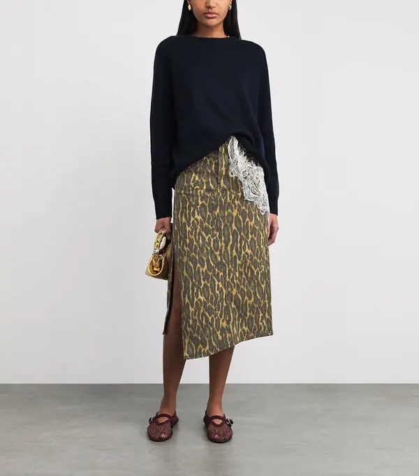 GANNI Leopard Denim Midi Skirt