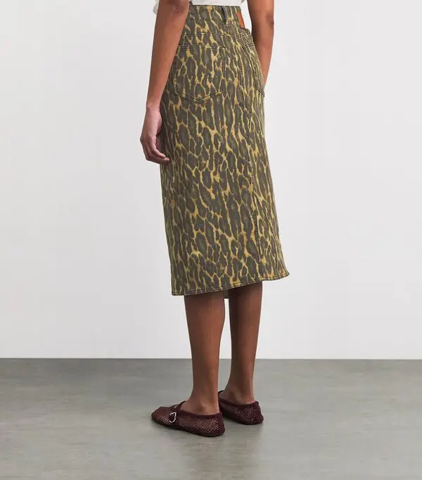 GANNI Leopard Denim Midi Skirt