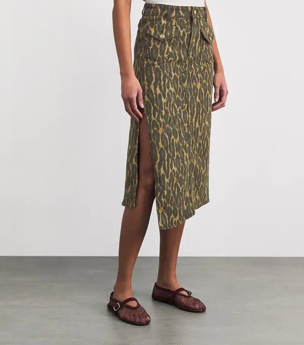 GANNI Leopard Denim Midi Skirt