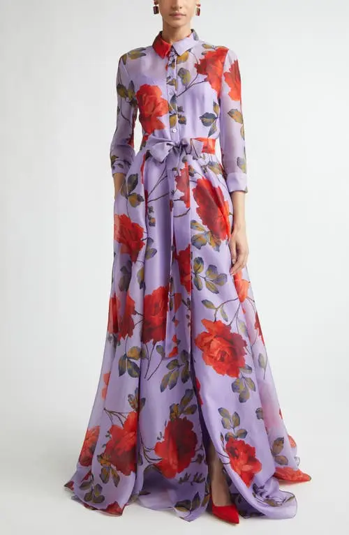 Carolina Herrera Rose Print Silk Organza Trench Gown