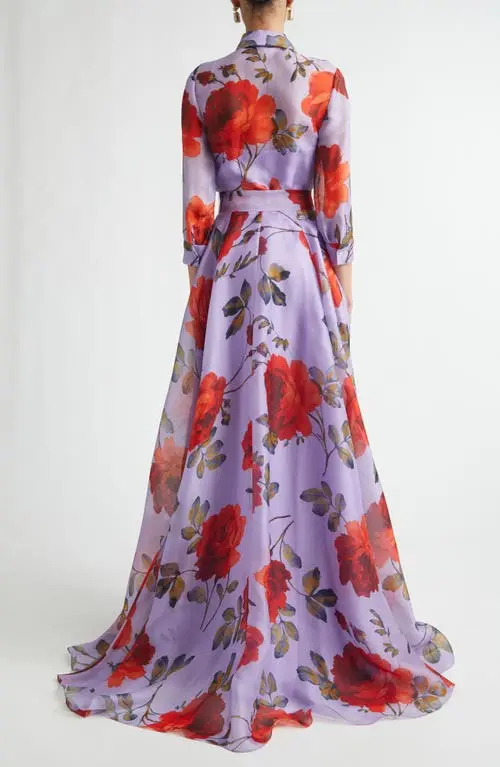 Carolina Herrera Rose Print Silk Organza Trench Gown