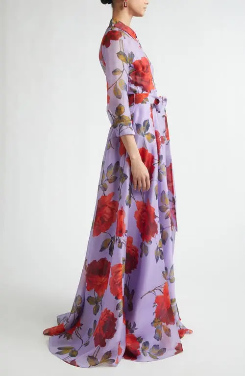 Carolina Herrera Rose Print Silk Organza Trench Gown