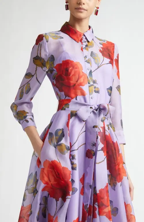 Carolina Herrera Rose Print Silk Organza Trench Gown
