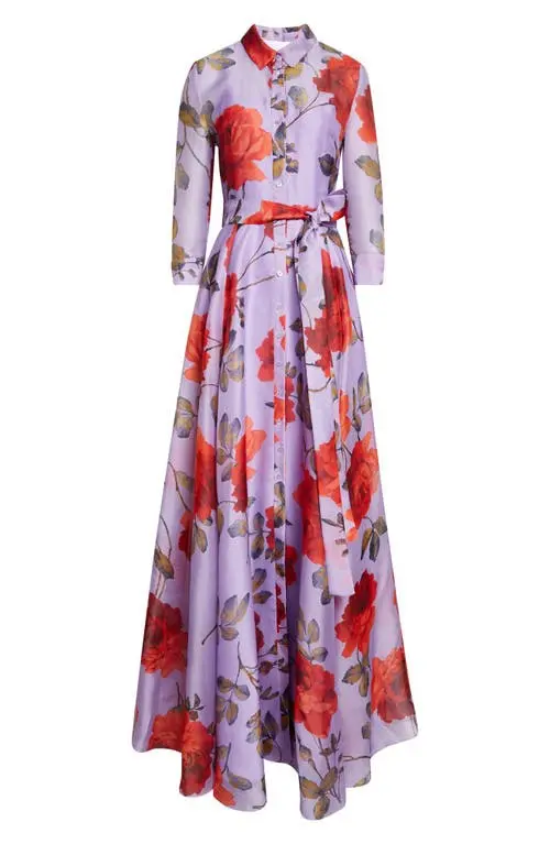 Carolina Herrera Rose Print Silk Organza Trench Gown