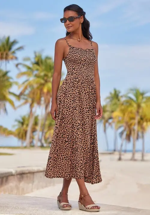 LASCANA Smocked Print Midi Dress