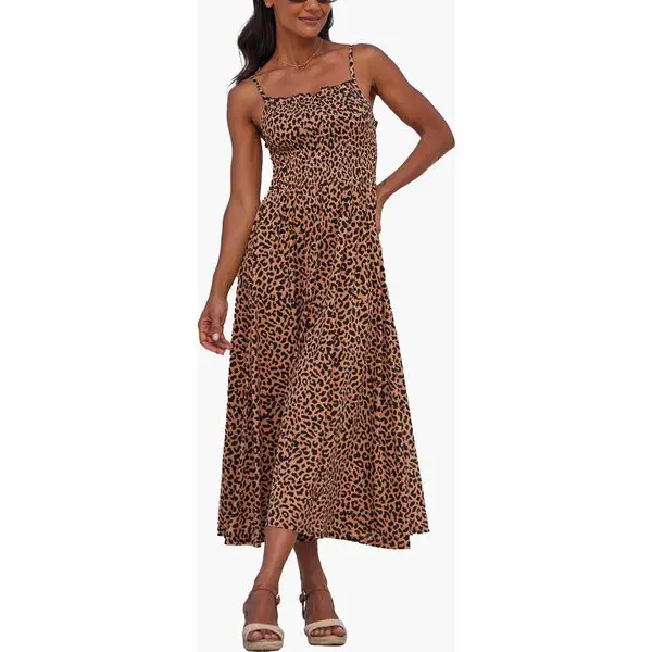 LASCANA Smocked Print Midi Dress - Leopard