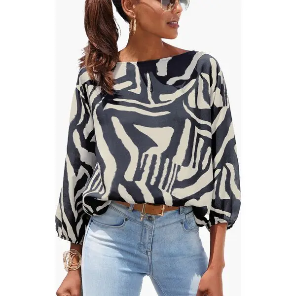 LASCANA Boat Neck Abstract Print Balloon Sleeve Blouse - Ivory Navy