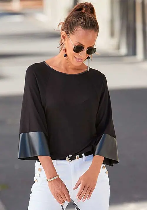 LASCANA Dolman Sleeve Leather Trim Top