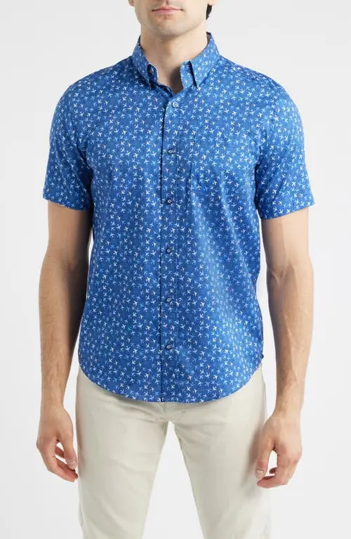 Johnston & Murphy Logan Airplane Print Short Sleeve Cotton Blend Button-up Shirt