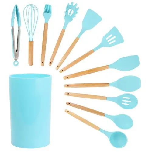 MEGACHEF Silicone And Wood Cooking Utensils - Light Teal