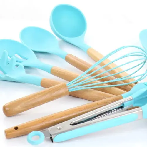 MEGACHEF Silicone And Wood Cooking Utensils - Light Teal