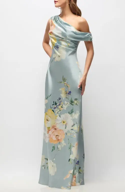 After Six Liv Print One-shoulder Gown