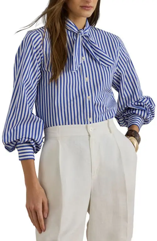 Ralph Lauren Stripe Tie Neck Cotton Broadcloth Button-up Shirt - Blue/white