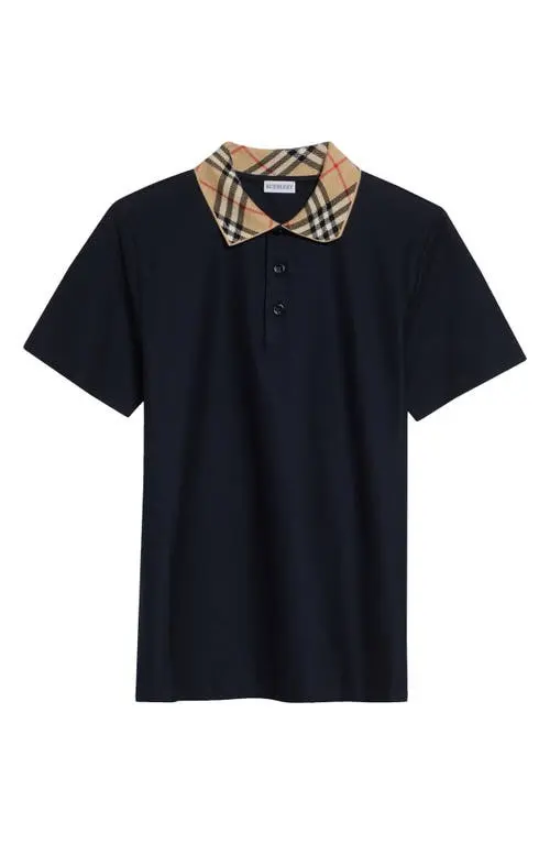 Burberry Evan Check Collar Cotton Piqué Polo - Smoked Navy