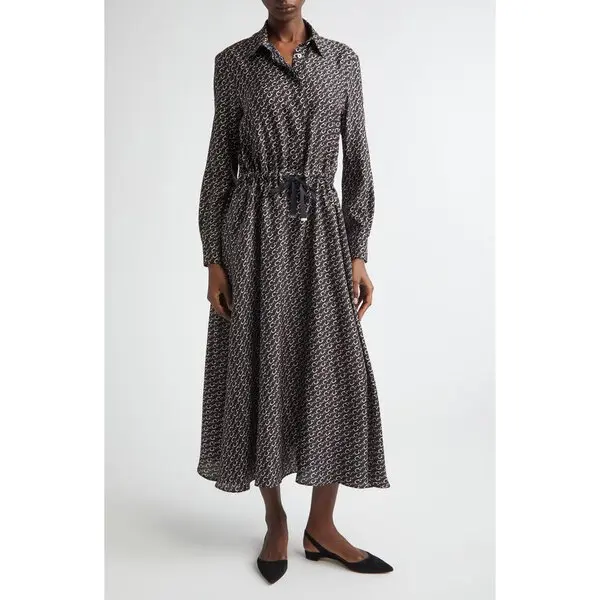 Herno Logo Print Long Sleeve Silk Shirtdress - Black