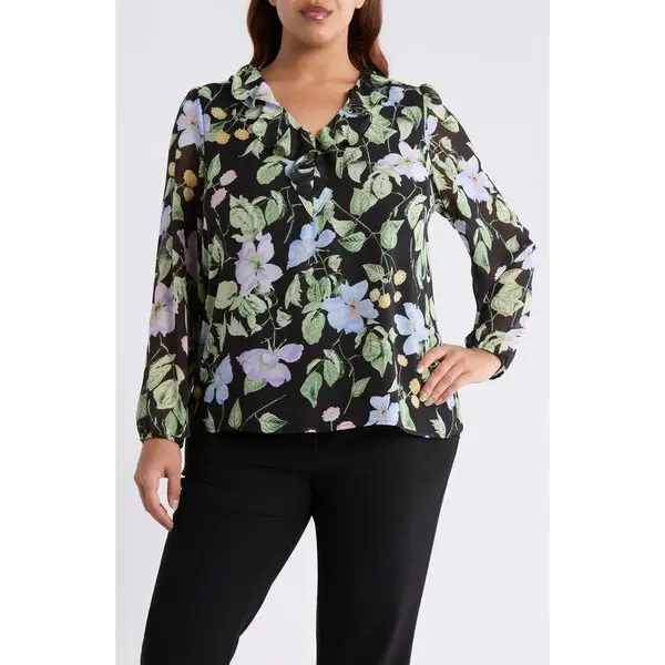 KASPER Floral Print Ruffle Blouse - Black Multi