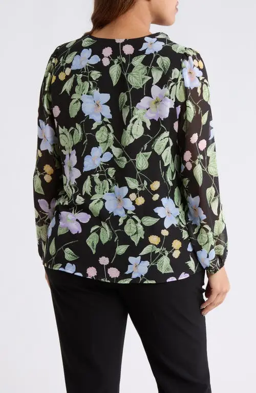 KASPER Floral Print Ruffle Blouse - Black Multi