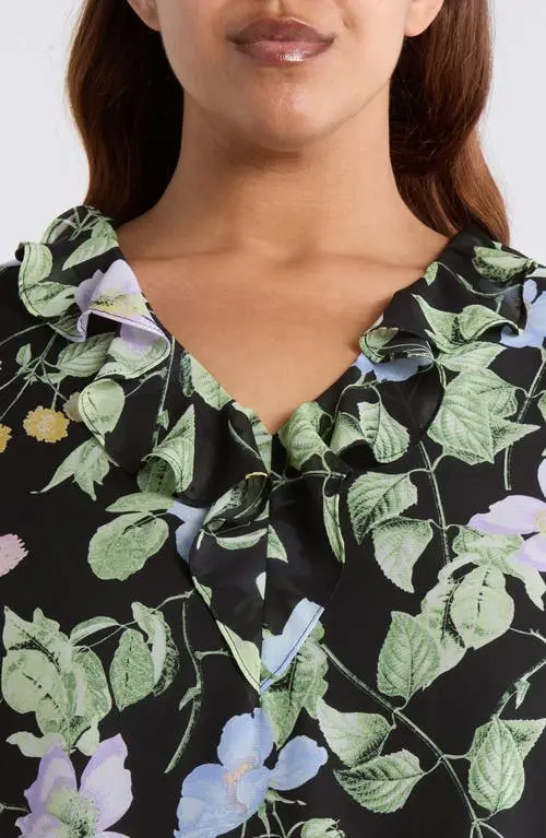 KASPER Floral Print Ruffle Blouse - Black Multi