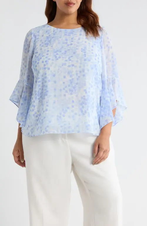 KASPER Ruffle Sleeve Top - Paris Bleu Multi