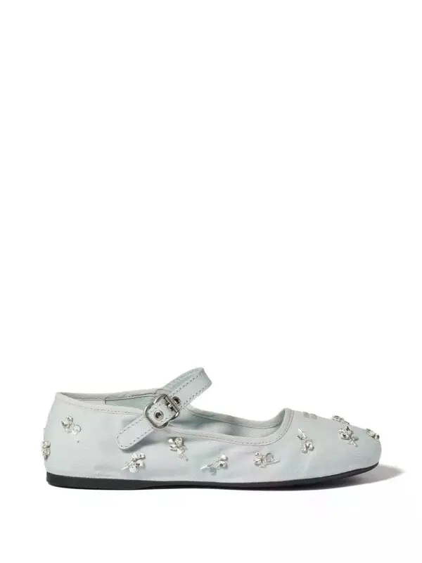 Miu Miu Embroidered Drill Ballerinas With Crystal Floral Embellishments - Green