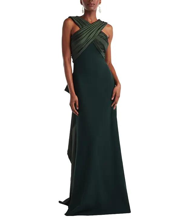 Tadashi Shoji Caro Cascading Halter Gown - Dark Forest