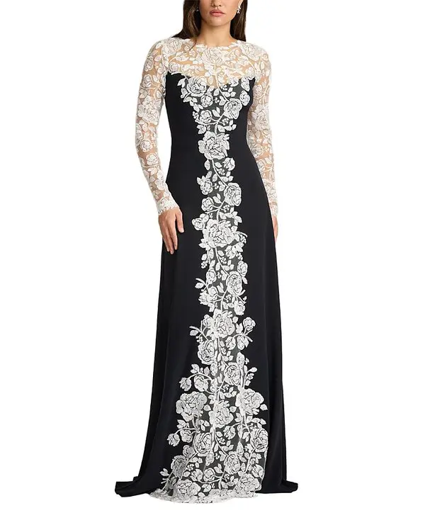 Tadashi Shoji Kalico Embroidered Illusion Gown - Ivory/black