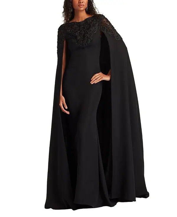 Tadashi Shoji Massaro Embroidered Cape Gown - Black