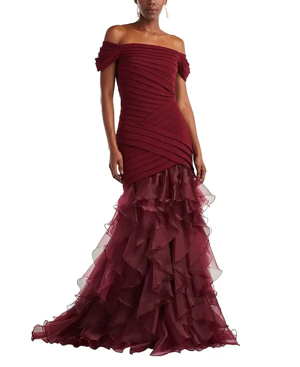 Tadashi Shoji Vail Shutter-pleated Crepe And Organza Gown - Cinnamon