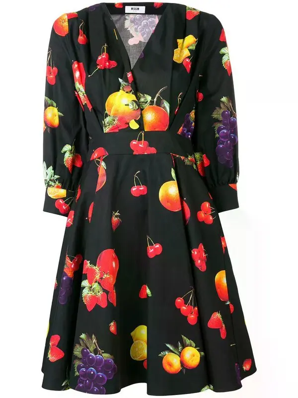 MSGM Fruit Print Cotton Dress - Black