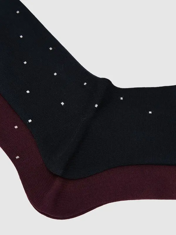 REISS Cotton Blend Polka Dot Socks 2 Pack - Navy/bordeaux