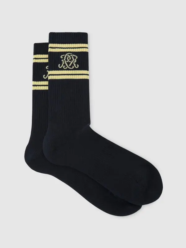 REISS Maurice Monogram Ribbed Socks - Navy/yellow