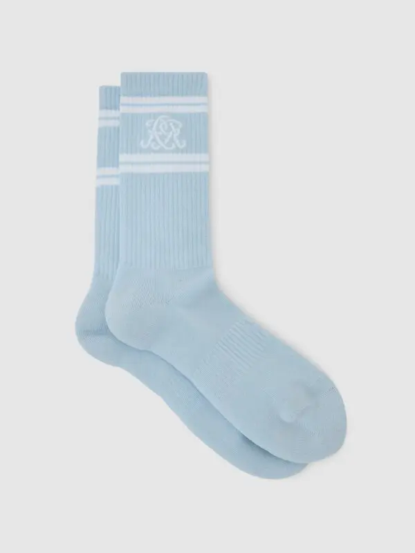 REISS Maurice Monogram Ribbed Socks - Powder Blue / White