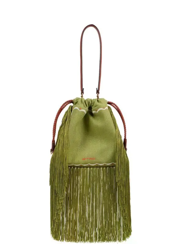 Etro Kalispera Small Bucket Bag With Embroidery And Fringes - Green