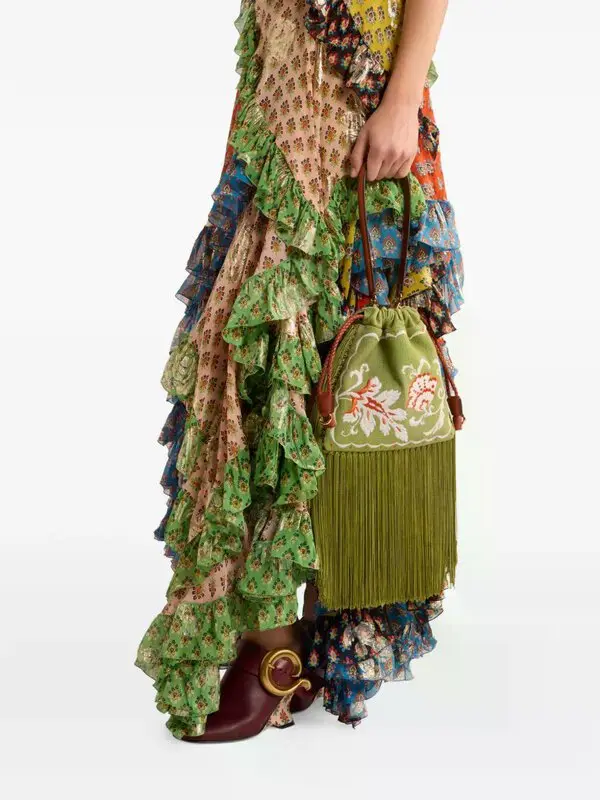 Etro Kalispera Small Bucket Bag With Embroidery And Fringes - Green