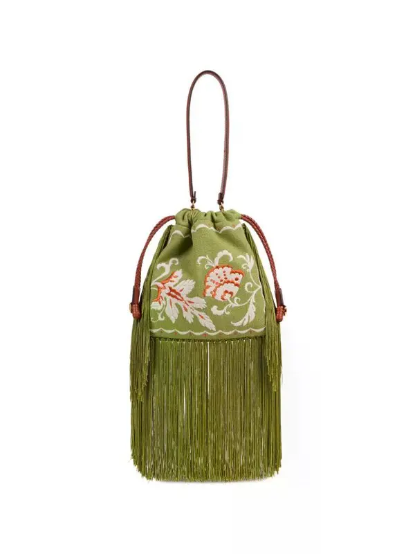 Etro Kalispera Small Bucket Bag With Embroidery And Fringes - Green