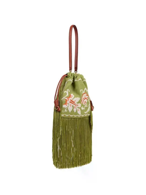 Etro Kalispera Small Bucket Bag With Embroidery And Fringes - Green