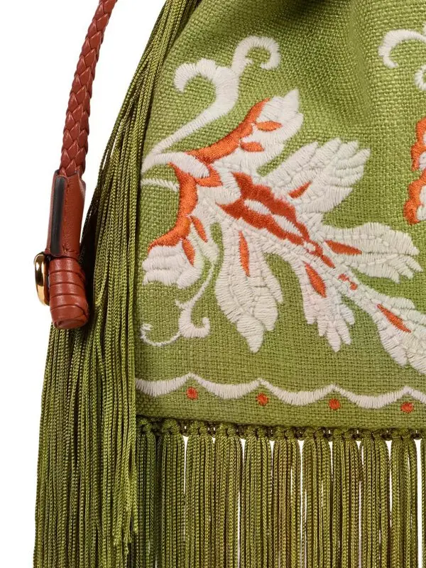 Etro Kalispera Small Bucket Bag With Embroidery And Fringes - Green
