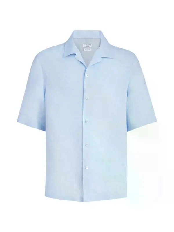 Brunello Cucinelli Linen Easy Fit Short-sleeve Shirt With Camp Collar - Blue