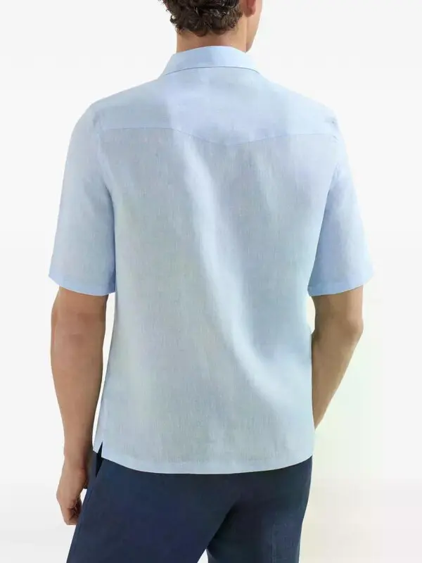 Brunello Cucinelli Linen Easy Fit Short-sleeve Shirt With Camp Collar - Blue