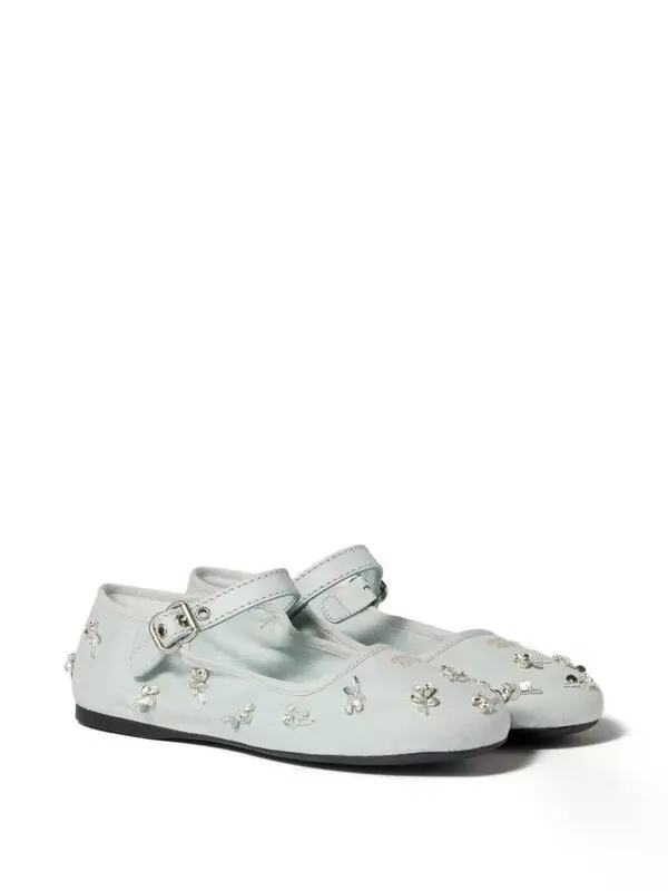 Miu Miu Embroidered Drill Ballerinas With Crystal Floral Embellishments - Green