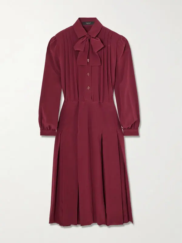 Gucci Pintucked Bow-detailed Silk Crepe De Chine Midi Shirt Dress - Burgundy