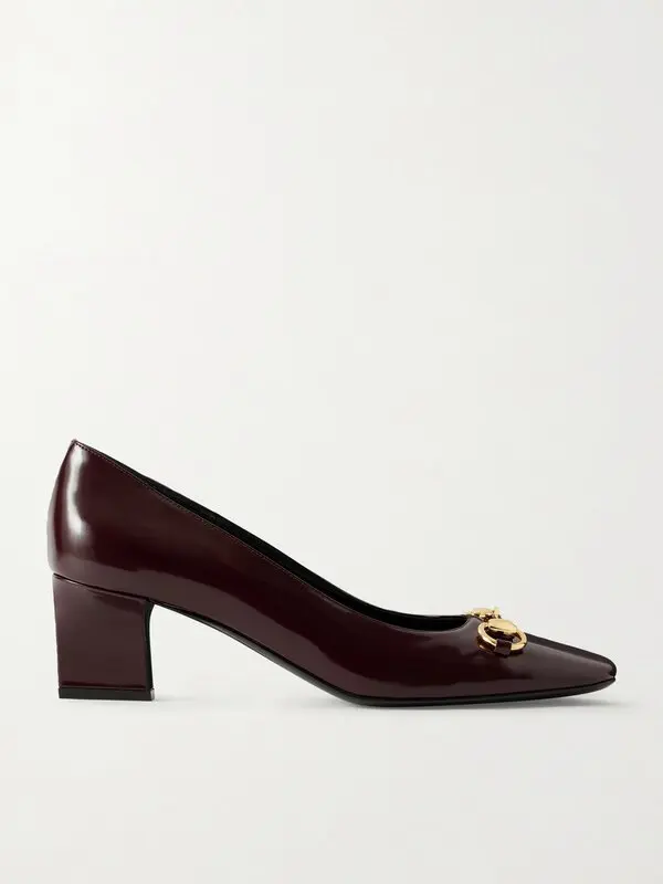 Gucci Zhora Horsebit-embellished Glossed-leather Pumps - Burgundy