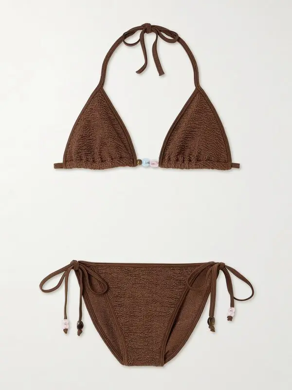 Hunza G Gina Bead-embellished Crinkle Bikini - Brown