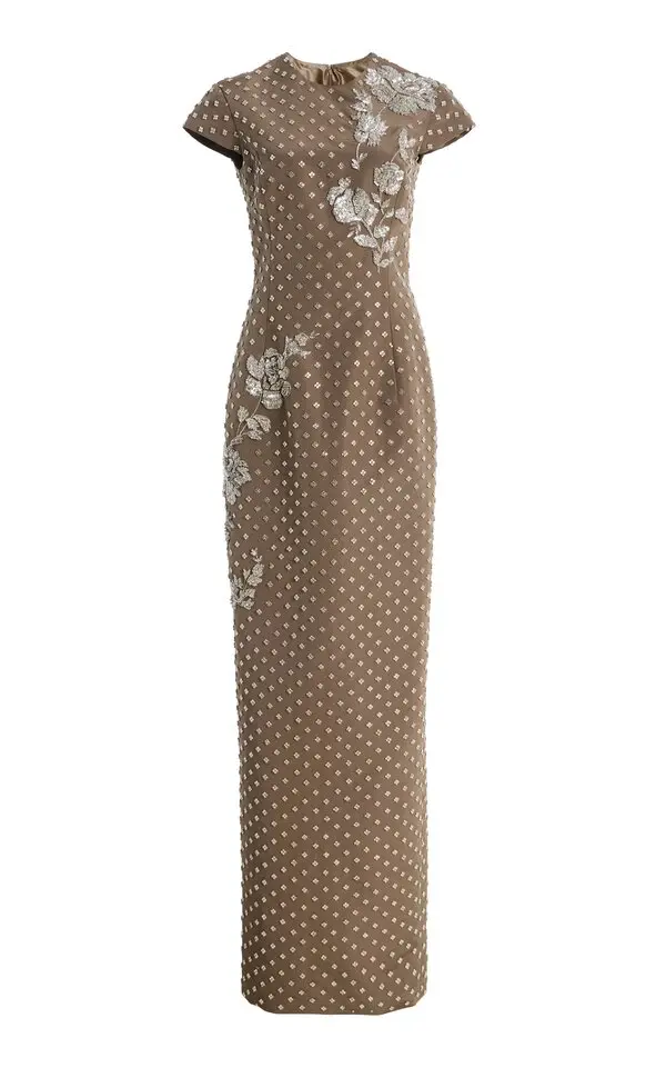 Oscar De La Renta Crystal Floral-embroidered Gown - Taupe