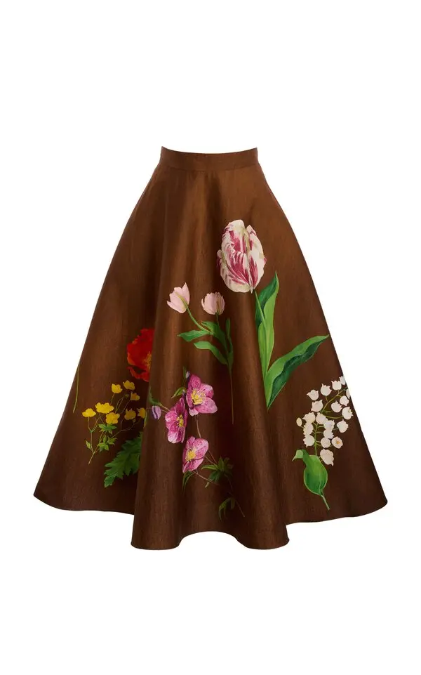 Oscar De La Renta Botanical Print Stretch-cotton Midi Skirt - Brown